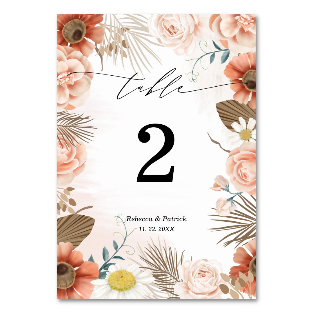 Floral Terracotta Rustic Boho Wedding Table Number | Zazzle