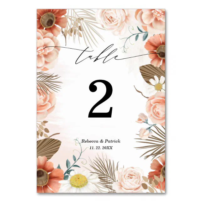 Floral Terracotta Rustic Boho Wedding Table Number | Zazzle