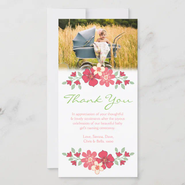 Floral Thank You Baby Girl Photo Card Template | Zazzle