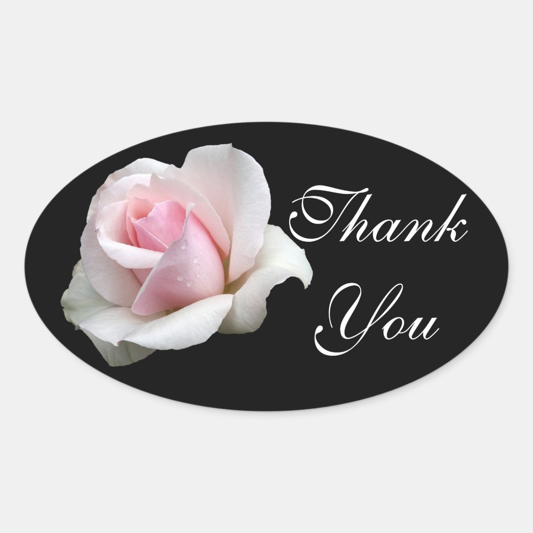 Floral Thank You Pink Rose Flower Black Wedding Oval Sticker | Zazzle