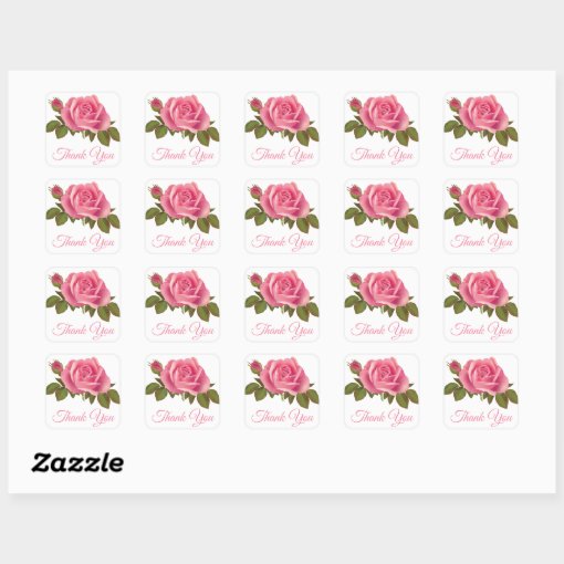 Floral Thank You Pink Rose Flower Roses Square Sticker | Zazzle