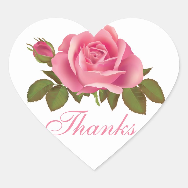 Floral Thank You Pink Rose Flower Wedding Roses Heart Sticker | Zazzle