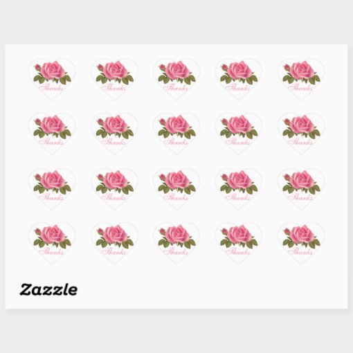 Floral Thank You Pink Rose Flower Wedding Roses Heart Sticker | Zazzle