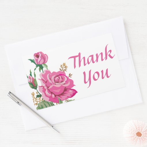 Floral Thank You Pink Rose Flowers Roses Rectangular Sticker | Zazzle