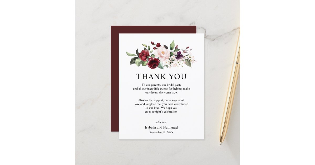 Floral Thank You Wedding Reception Card | Zazzle