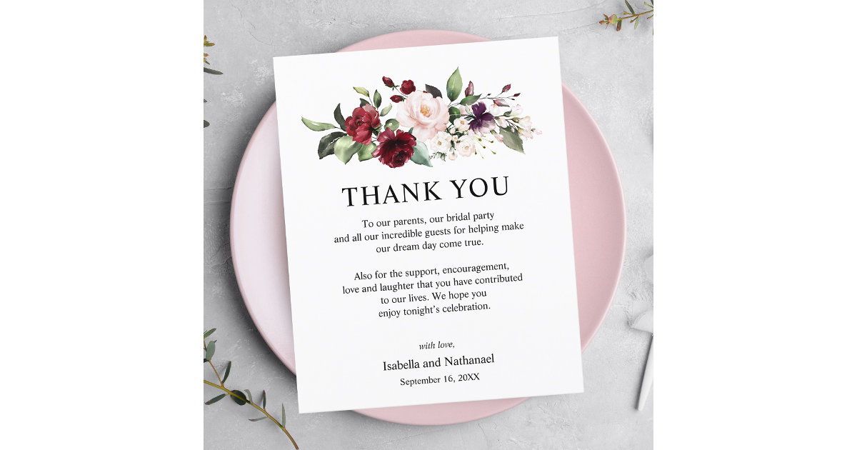 Floral Thank You Wedding Reception Card | Zazzle