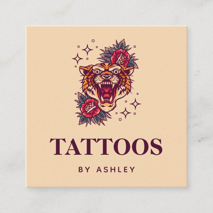 Floral Tiger Stardust Sparkle Girly Tattoo Artist Square Business Card ...
