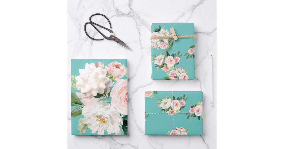 Floral Turquoise Shabby Chic Wrapping Paper Sheets | Zazzle