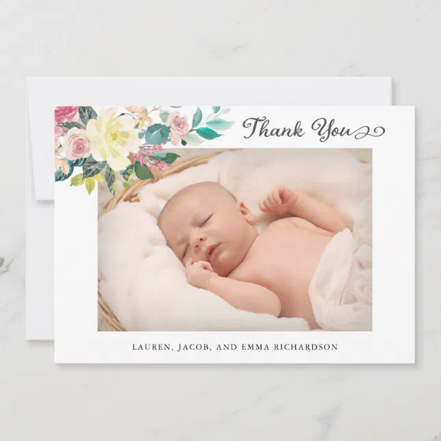 Floral Two Photo Baby Birth Announcement Thank You | Zazzle