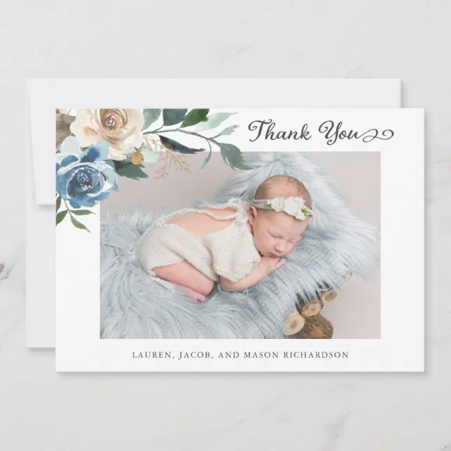 Floral Two Photo Baby Birth Announcement Thank You | Zazzle