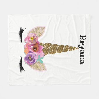 Floral Unicorn Gold Glitter Girly Girls Sparkle Fleece Blanket | Zazzle