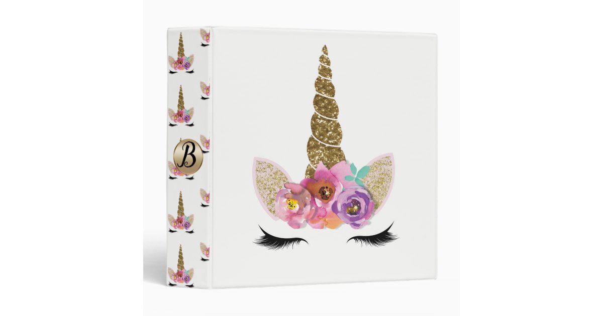Floral Unicorn Gold Glitter Glam Personalized 3 Ring Binder | Zazzle