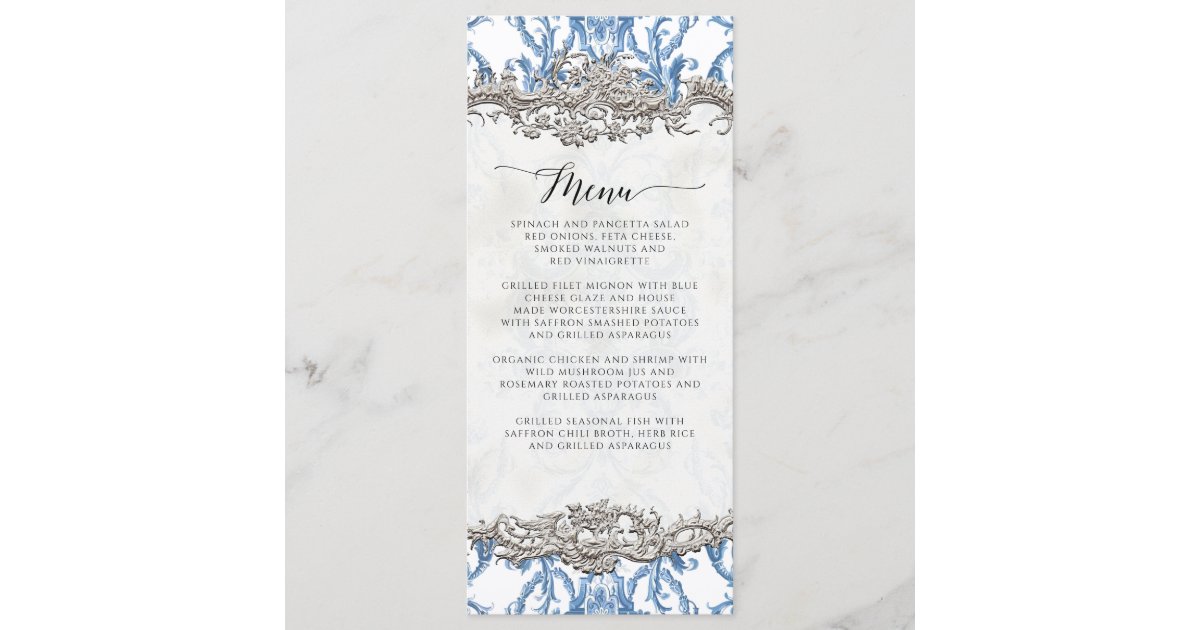 Floral Vintage Baroque Rococo Blue and Silver Menu | Zazzle