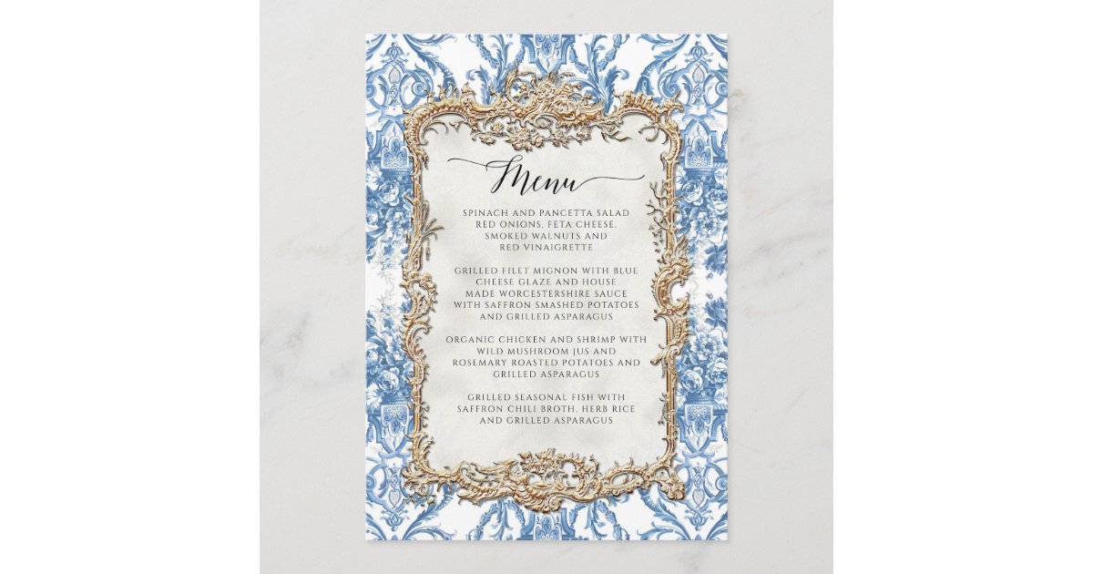 Floral Vintage Baroque Rococo Blue White Gold Menu | Zazzle