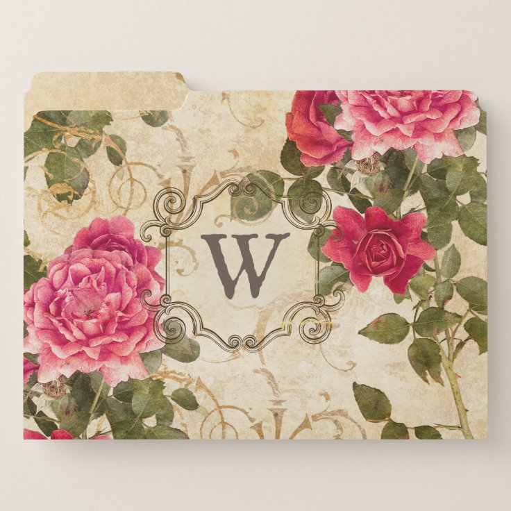 Floral Vintage Rose Red Pink Monogram Initial File Folder | Zazzle