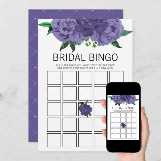 Floral Violet Purple Bridal Shower Bingo Game Card | Zazzle