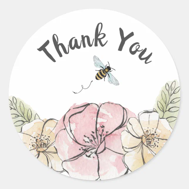 Floral Watercolor Bee Thank You Classic Round Sticker | Zazzle