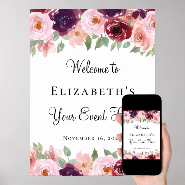 Floral Watercolor Burgundy Blush Any Event Poster | Zazzle