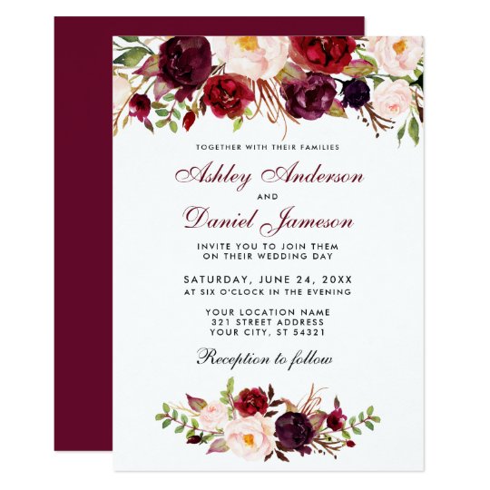 Floral Watercolor Burgundy Wedding Invitation BT | Zazzle.com