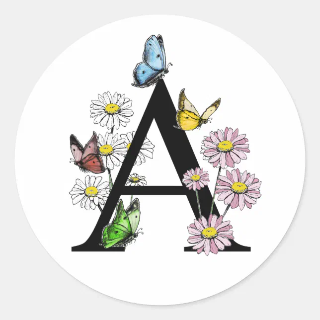 Floral Watercolor Butterfly Monogram Letter A Classic Round Sticker ...