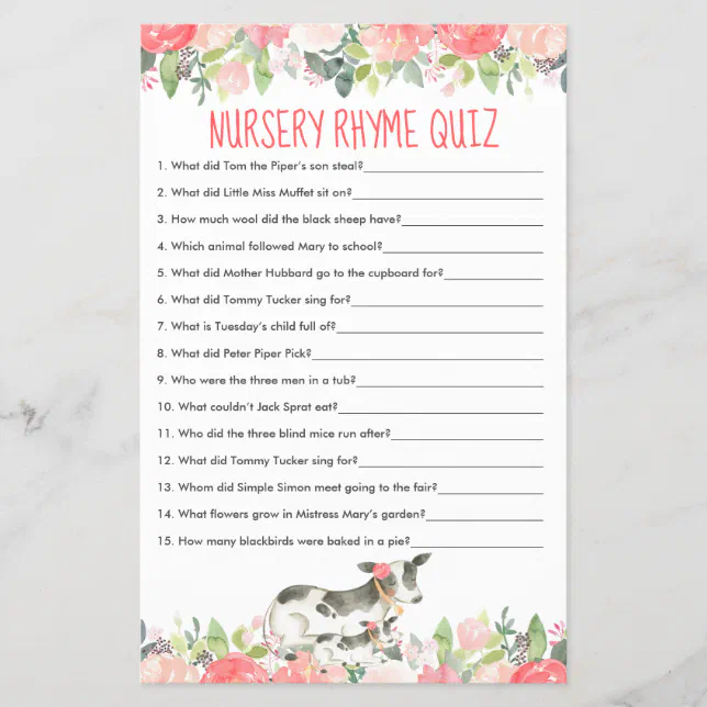 Floral Watercolor Cows Farm Nursery Rhyme Quiz | Zazzle