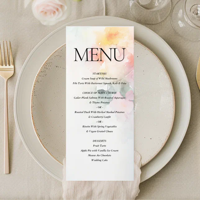 Floral Watercolor Elegant Romantic Wedding Menu | Zazzle