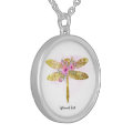 Floral Watercolor GOLD Glitter Dragonfly Sil Silver Plated Necklace ...