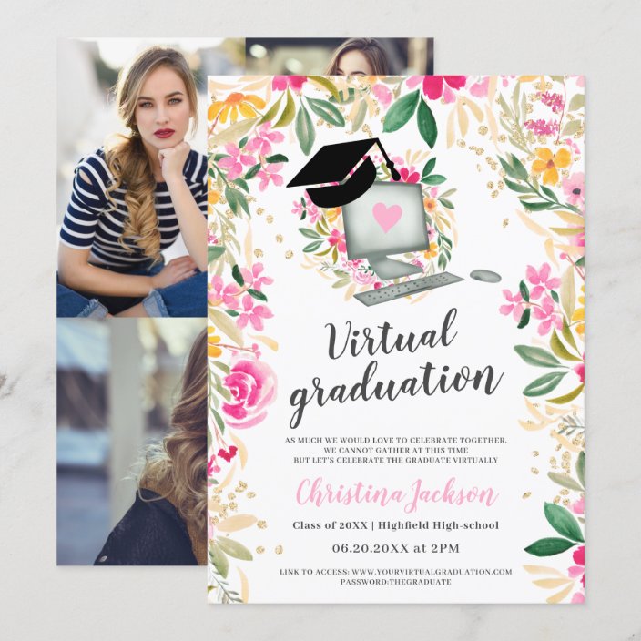 Floral watercolor gold photo virtual graduation invitation | Zazzle.com
