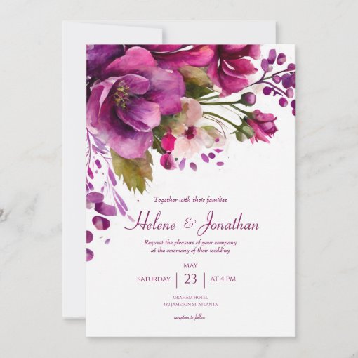 Floral Watercolor Pink Magenta Wedding Invitation | Zazzle