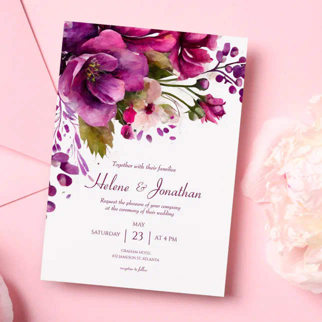Floral Watercolor Pink Magenta Wedding Invitation | Zazzle