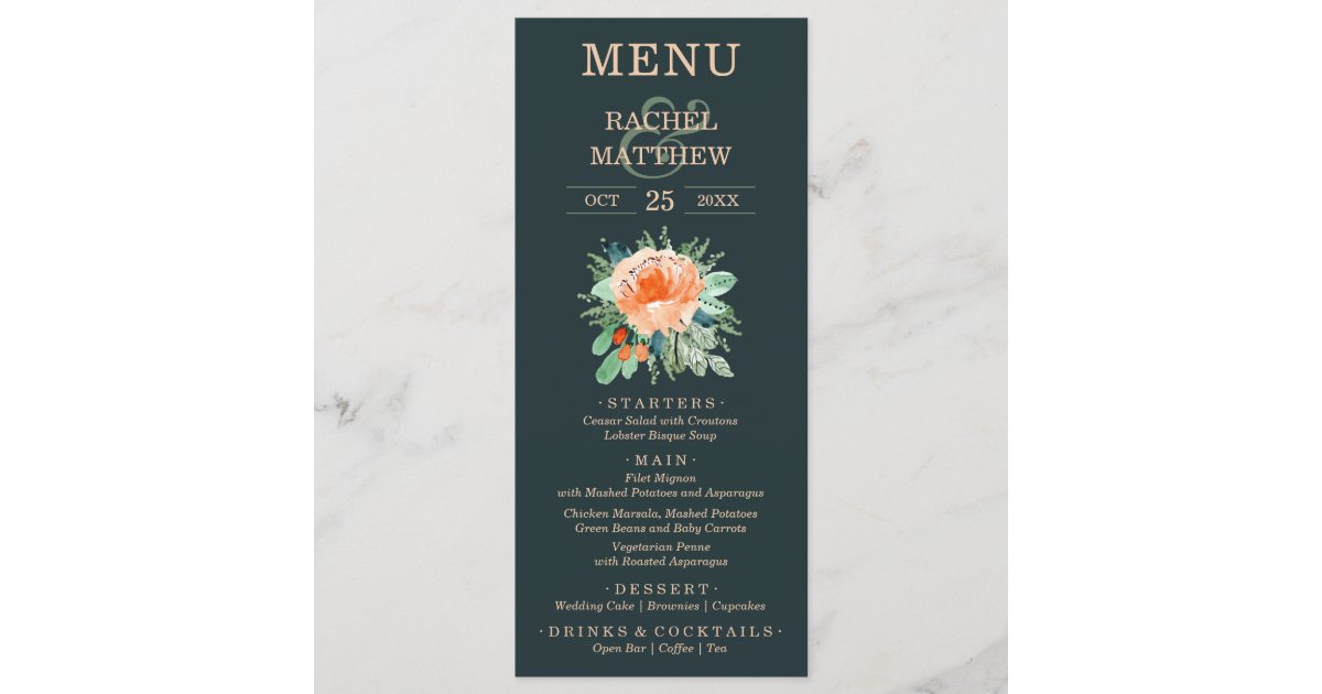 Floral Watercolor Wedding Teal Menu | Zazzle