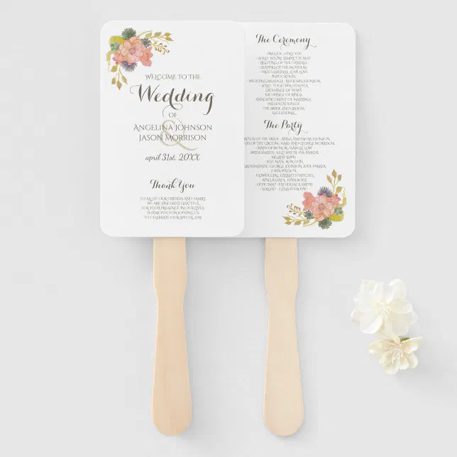 Floral Watercolor White Wedding Program Hand Fans | Zazzle