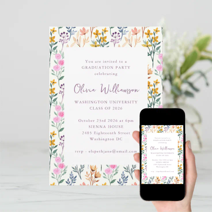 Floral Watercolor Wildflowers Graduation Party Invitation | Zazzle