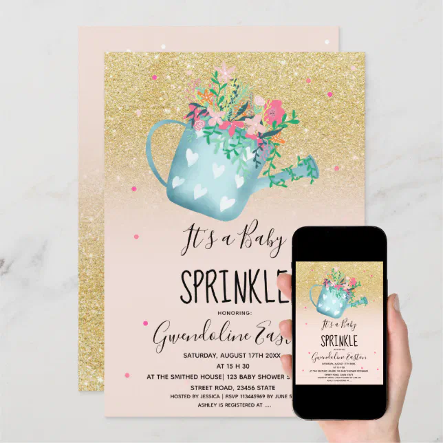 Floral watering can gold baby sprinkle shower invitation | Zazzle