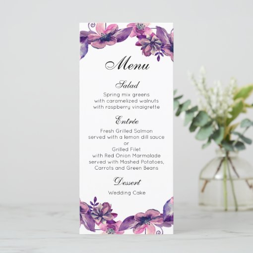 Floral wedding dinner menu Purple flower menu card | Zazzle