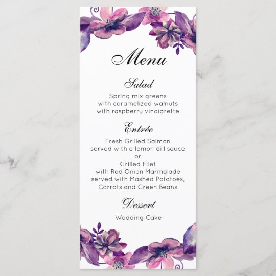 Floral wedding dinner menu Purple flower menu card | Zazzle.com