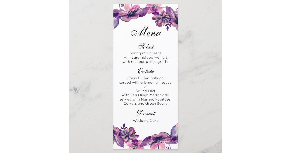 Floral wedding dinner menu Purple flower menu card | Zazzle