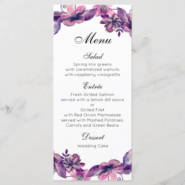 Floral wedding dinner menu Purple flower menu card | Zazzle