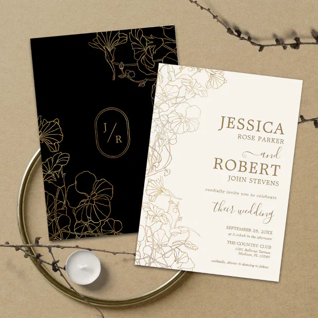 Floral Wedding Invitation - Gold Ivory Black | Zazzle