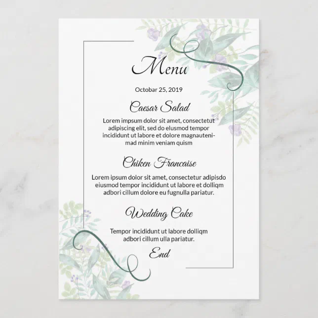 Floral Wedding Menu Card | Zazzle