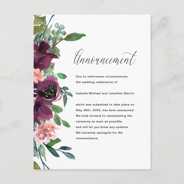 Floral Wedding Postponement Announcement Postcard | Zazzle