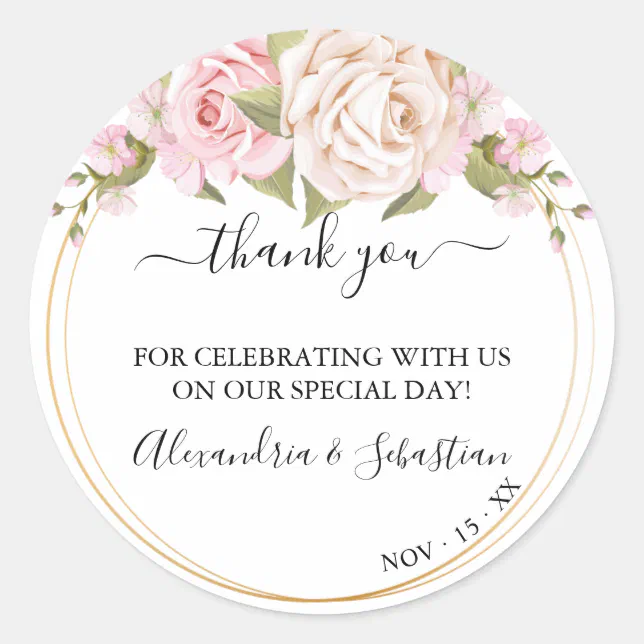 Floral Wedding Thank You Classic Round Sticker | Zazzle