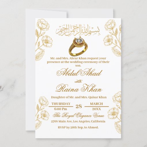Floral White and Gold Muslim Islamic Engagement Invitation | Zazzle