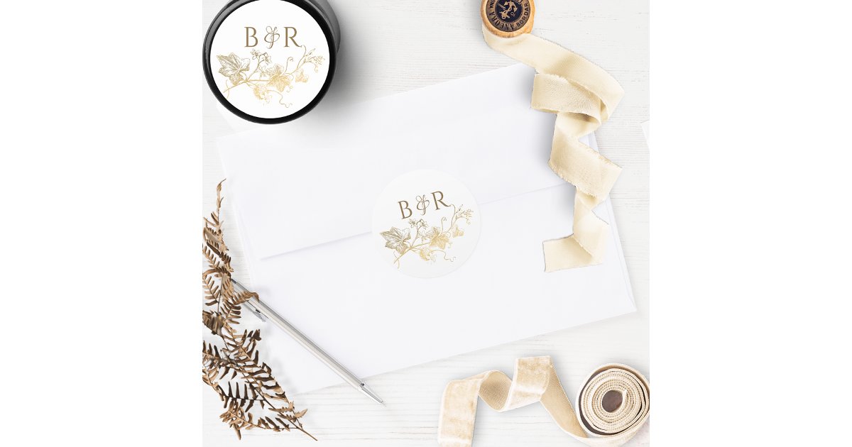 Floral White and Gold Wedding Envelope Seal/Favor Classic Round Sticker ...