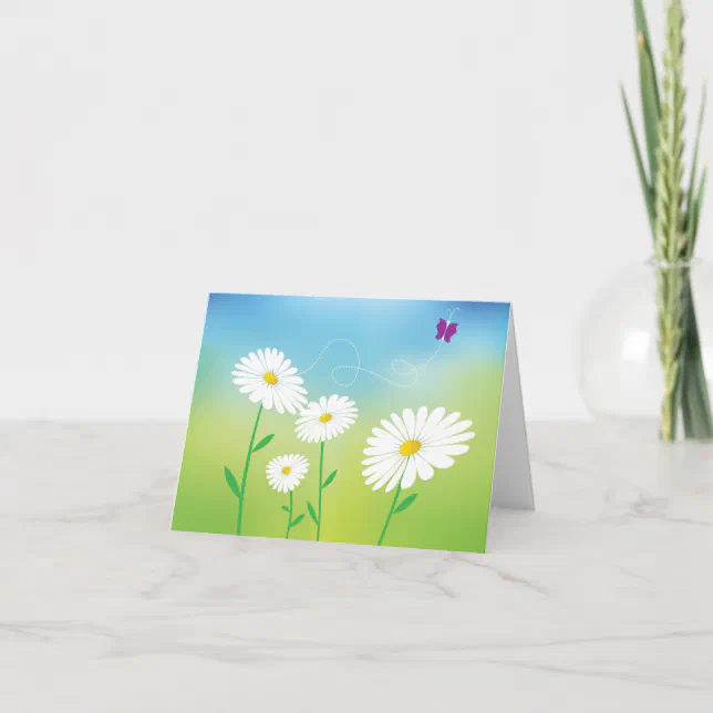 Floral White Daisy Flowers Blue Green Hello Love Card | Zazzle
