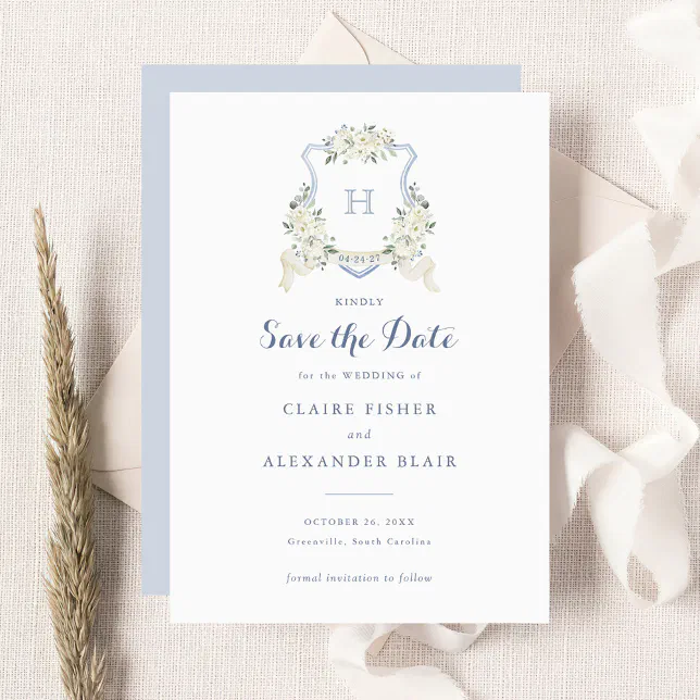 Floral White Dusty Blue Crest Save the Date Invitation | Zazzle