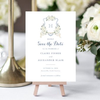 Floral White Dusty Blue Crest Save the Date Invitation | Zazzle