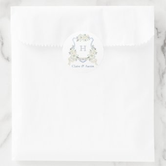 Floral White Elegant Dusty Blue Crest Envelope Classic Round Sticker ...