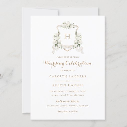 Floral White Hydrangea Crest Gold Monogram Wedding Invitation | Zazzle