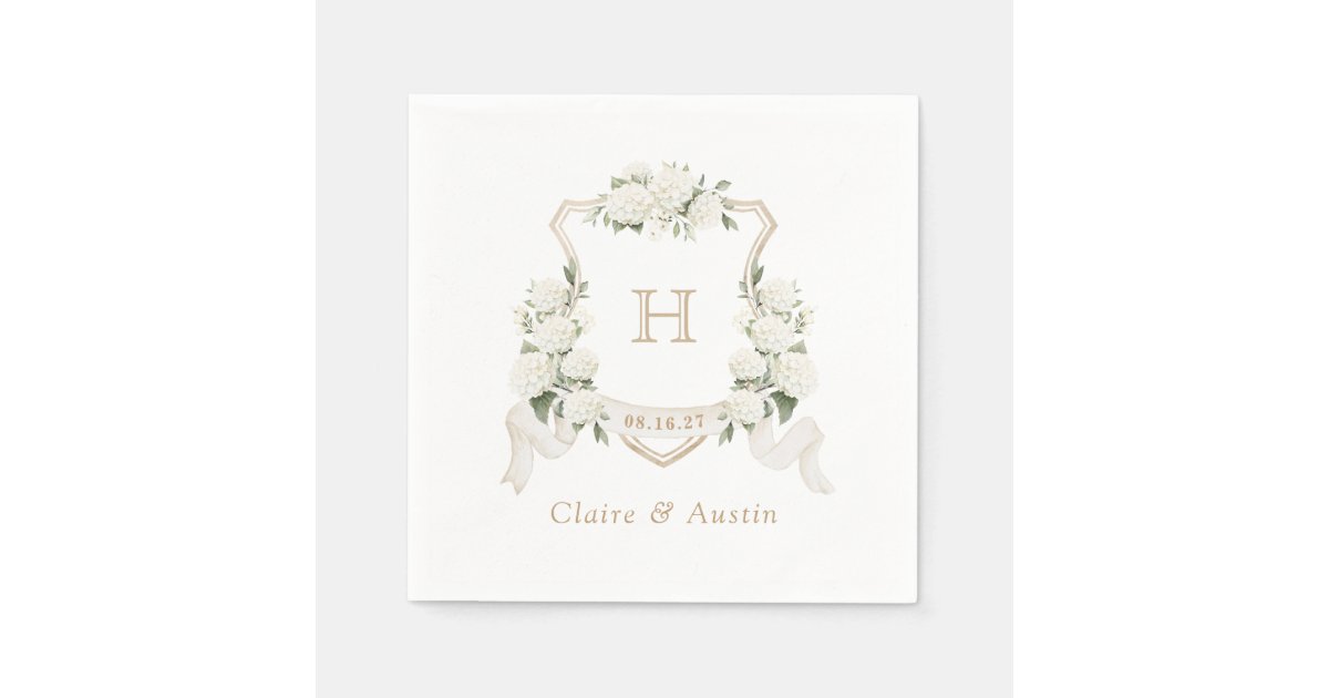 Floral White Hydrangea Crest Wedding Monogram Napkins | Zazzle